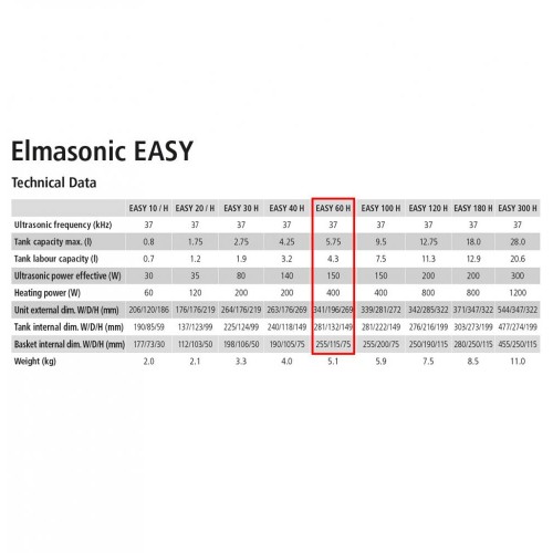 Elmasonic Easy 60H 5.75 Litre c/w Basket 1004243 & Cover 2070930000